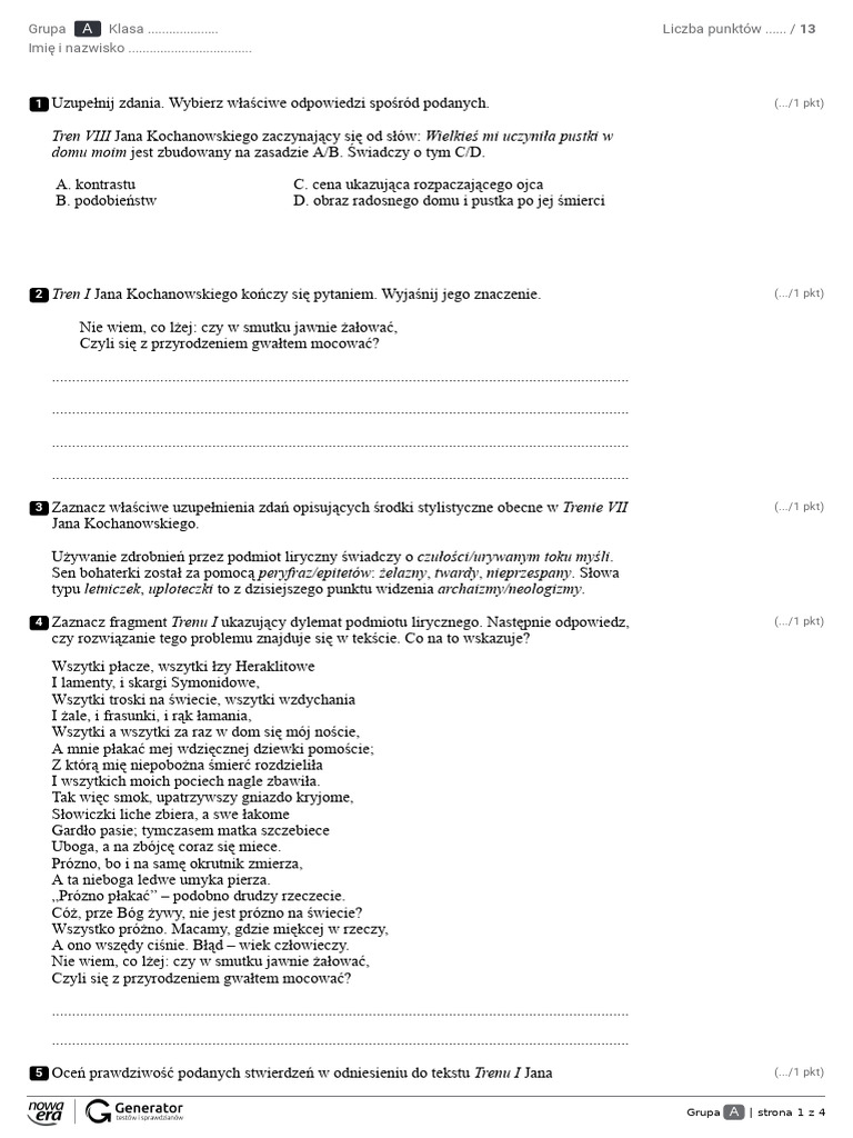 Tren VIII Jana Kochanowskiego Zaczynający Się Od Słów: Wielkieś Mi ...