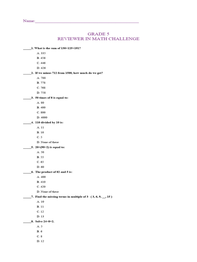 Reviewer - Maths Quiz Questions With Answers | PDF | Triangle | Area