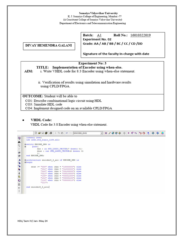 A1 16010322019 3 HDL Encoder | PDF | Hardware Description Language | Vhdl A1 16010322019 3 HDL Encoder | PDF | Hardware Description Language | Vhdl