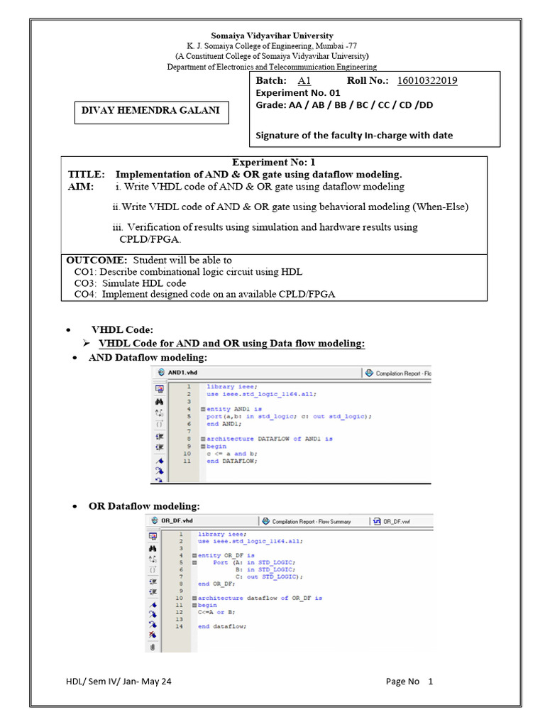 A1 - 16010322019 - 1 - and & OR - Dataflow & Behavioral | PDF | Vhdl | Hardware Description Language