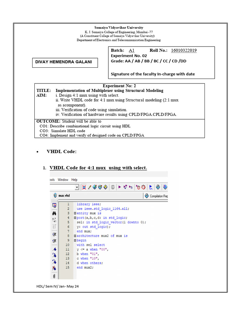 A1 - 16010322019 - 2 - HDL - Mux Using Structural Modelling | PDF | Hardware Description ...