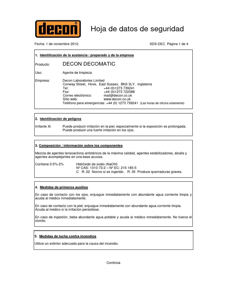 Hoja de Datos de Seguridad: Decon Decomatic | PDF | Agua | Aluminio