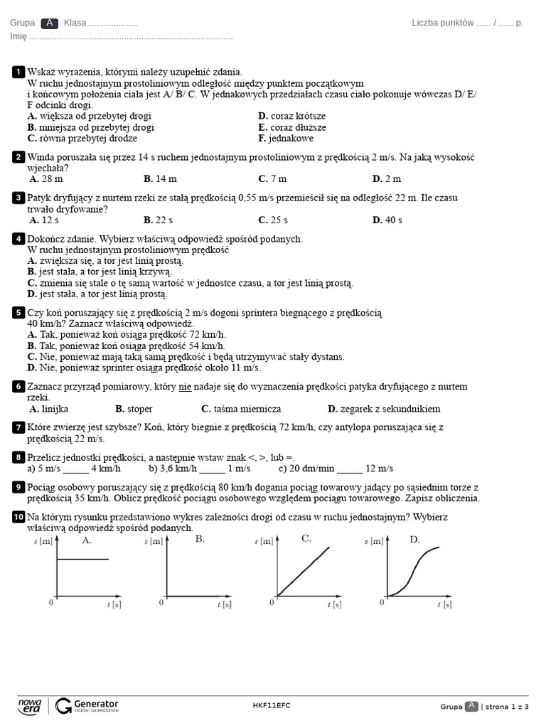 4.20 Ruch jednostajny prostoliniowy Test (bez widocznej punktacji) | PDF