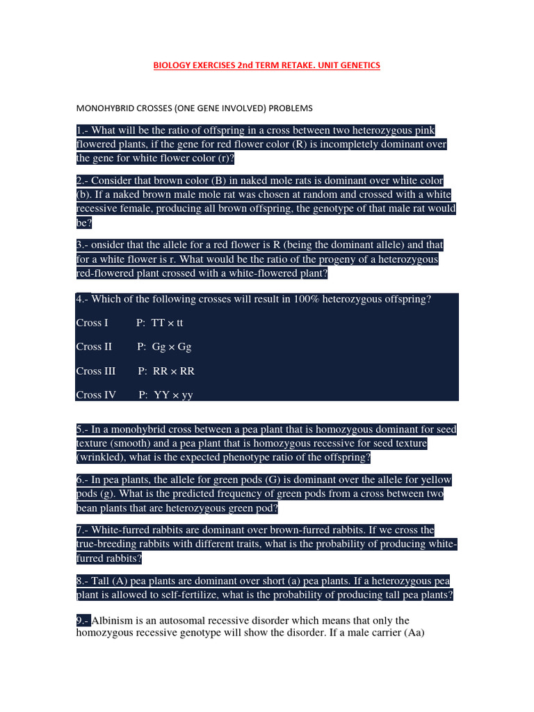GENETICS EXERCISES 2nd TERM RETAKE 1 | PDF | Dominance (Genetics ...