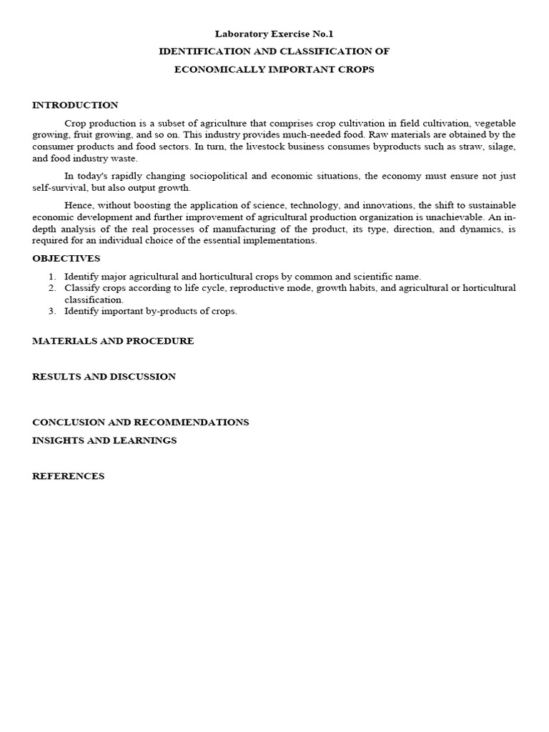 Laboratory Exercise No.1 IDENTIFICATION AND CLASSIFICATION OF ECONOMICALLY IMPORTANT CROPS | PDF ...