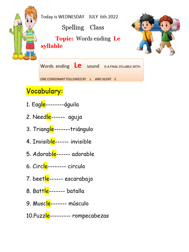Plan de Pizarra Spelling Class WORDS ENDING LE 5TH 2022 | PDF