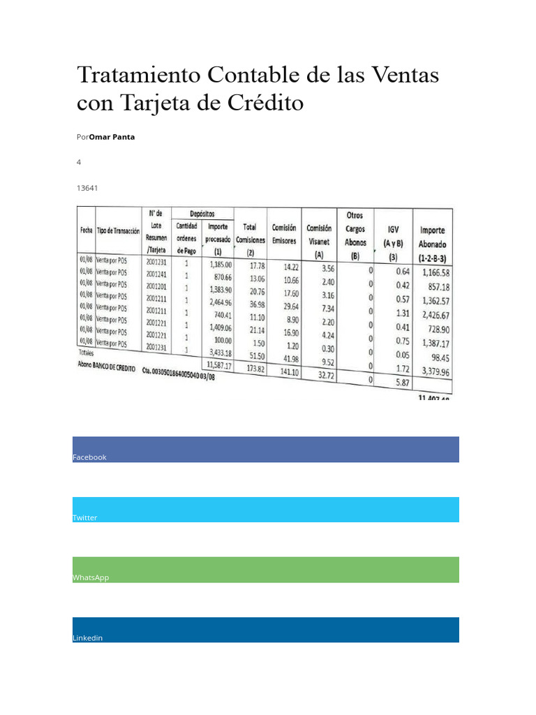 Tratamiento Contable de Las Ventas Con Tarjeta de Crédito | PDF ... Tratamiento Contable de Las Ventas Con Tarjeta de Crédito | PDF ...