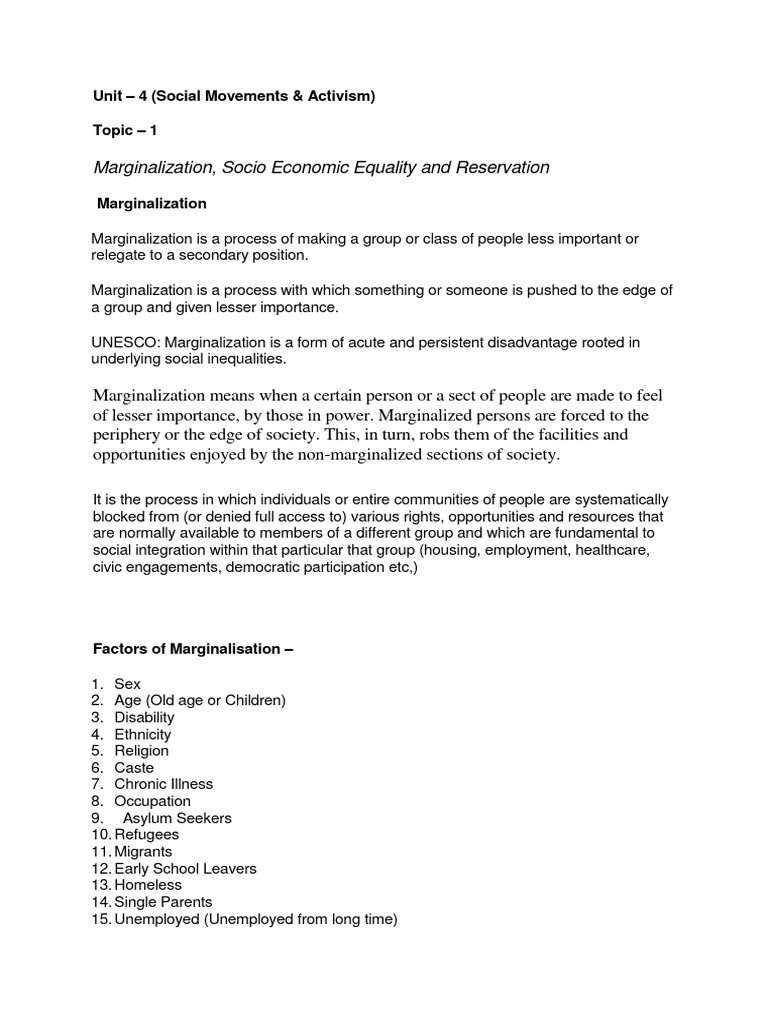 CI NOTES Marginalisation, Socio Economic Equality and Reservation | PDF ...