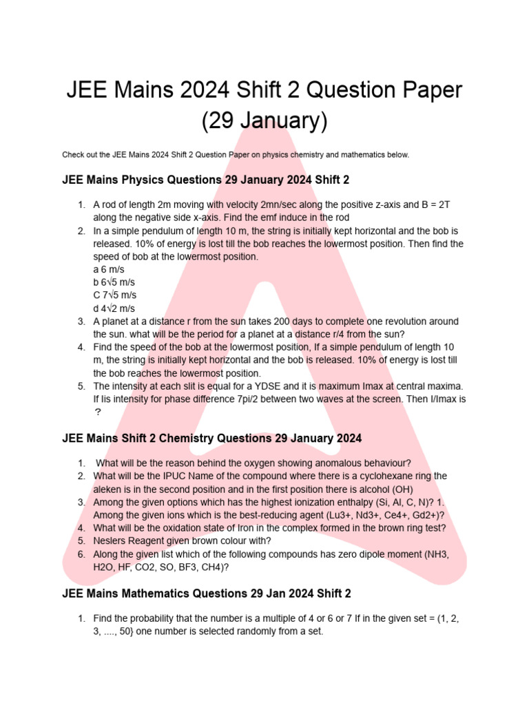 JEE Mains 2024 Question Paper 29 Jan Shift 2 | PDF | Physical Chemistry ...