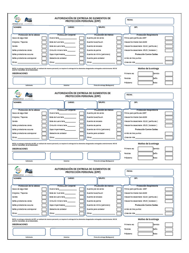 Vale de Entrega de EPP | PDF | Guante | La seguridad