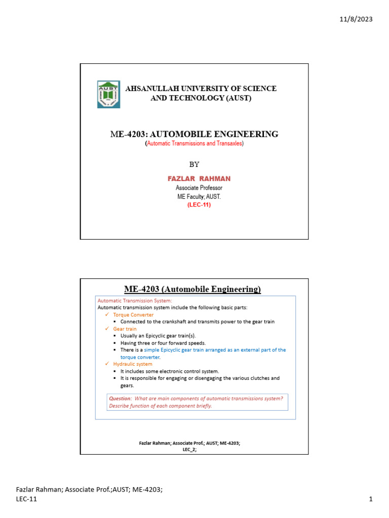 LEC 11 Auto Transmission | PDF | Automatic Transmission | Clutch