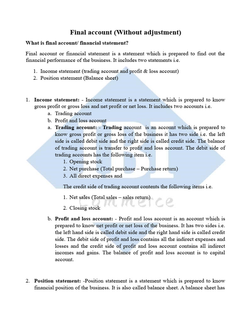 Final Accounts (Without Adjustments) | PDF | Balance Sheet | Debits And Credits