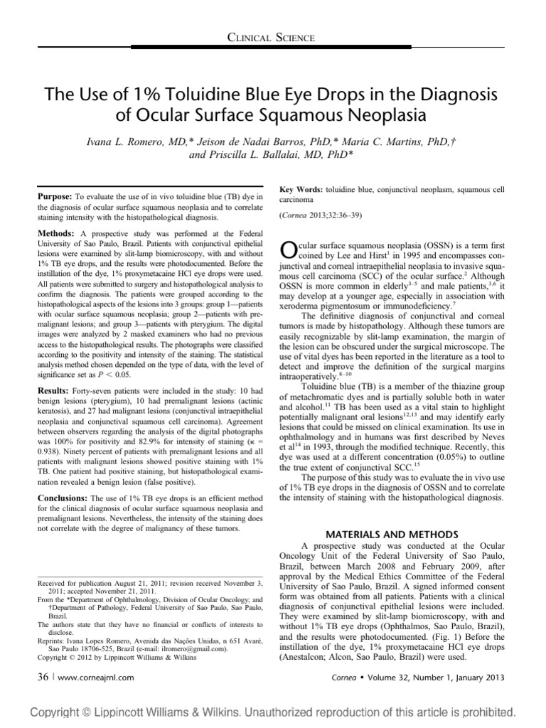 The Use of 1% Toluidine Blue Eye Drops in the Diagnosis of Ocular Surface Squamous Neoplasia ...