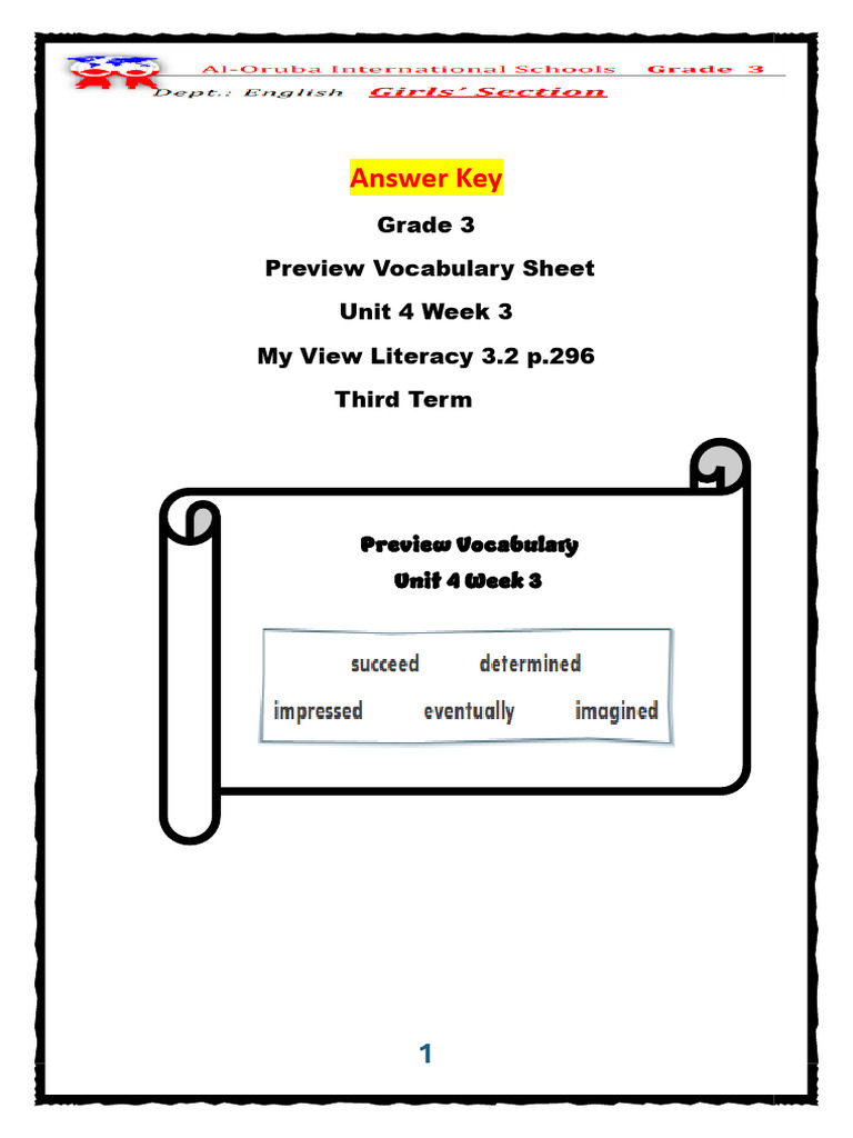 Answer Key: Grade 3 Preview Vocabulary Sheet Unit 4 Week 3 My View ...