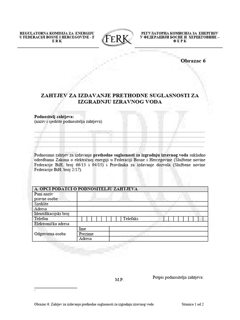 Obrazac 6 Zahtjev Prethodna Saglasnost HR | PDF