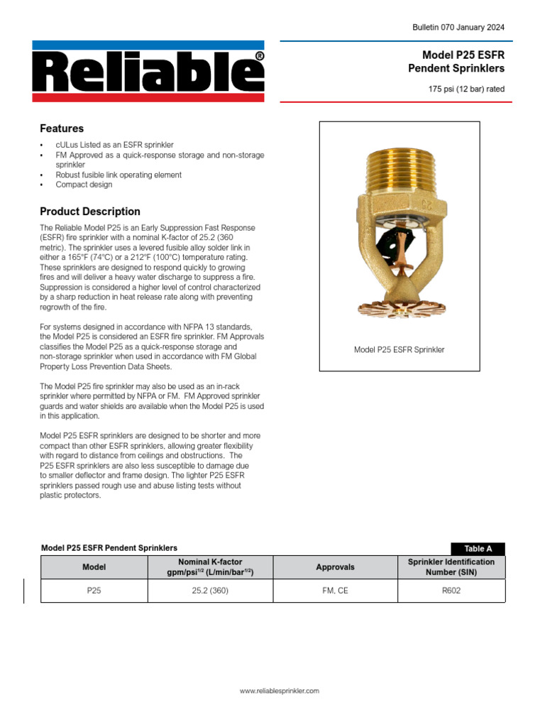 Reliable Model P25 ESFR Sprinkler Guide | PDF