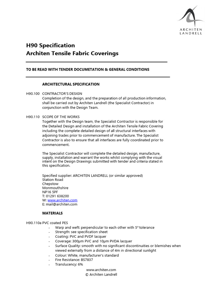 Architen Landrell H90 Tensile Fabric Structures Specification | Download Free PDF ...