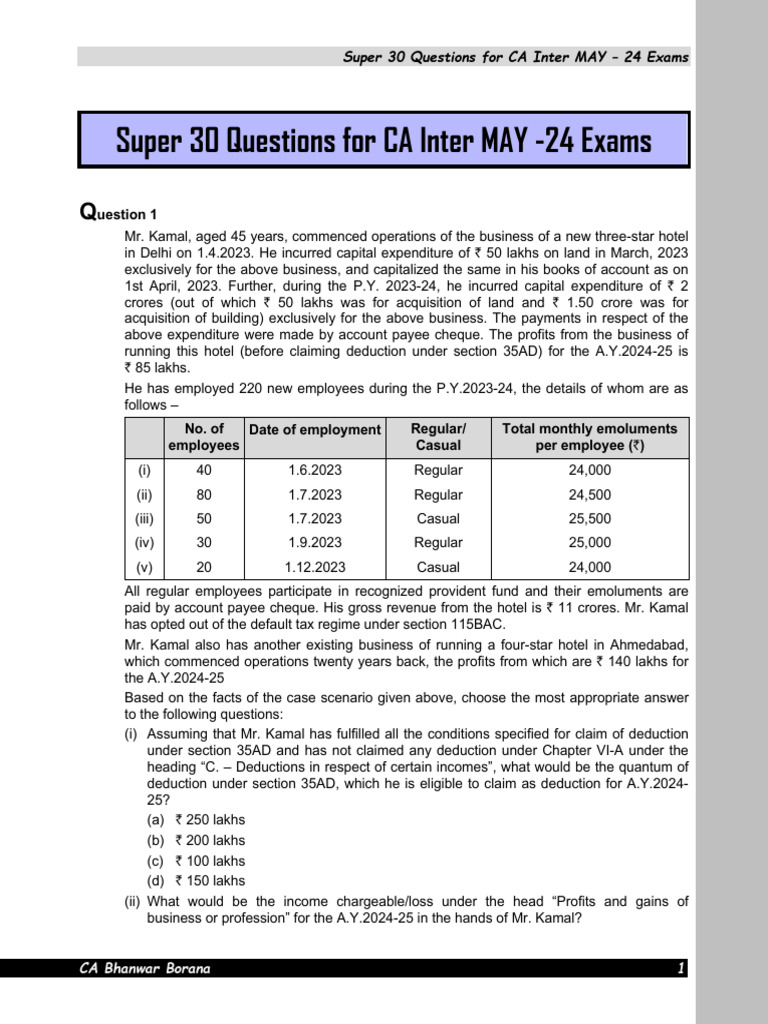 Super 30 CA Inter Questions May 2024 | PDF | Expense | Tax Deduction