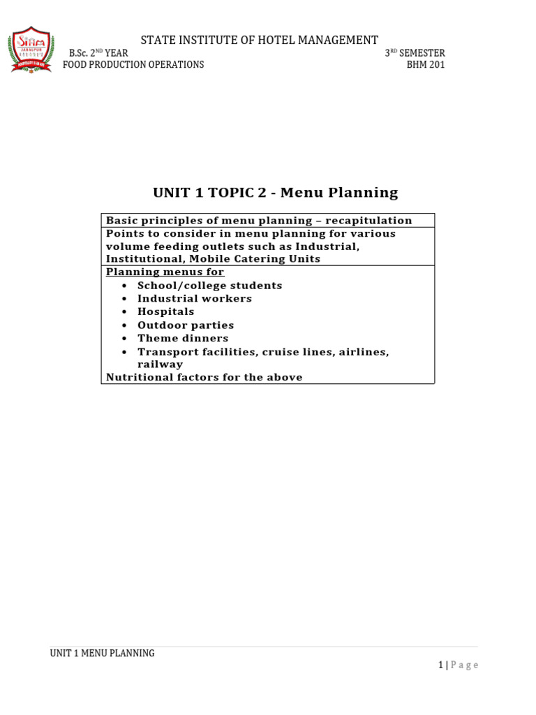 Unit 1 Topic 2 - Menu Planning | PDF | Menu | Taste