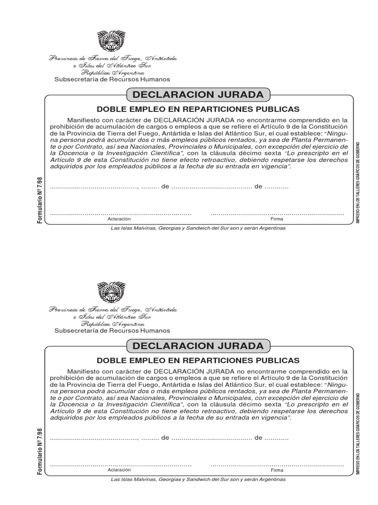 Formulario 07 98 Declaracion Jurada Doble Empleo en Reparticiones ...
