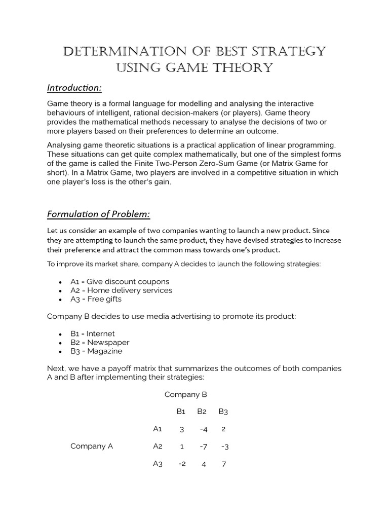 Determination of Best Strategy Using Game Theory | PDF | Game Theory | Linear Programming