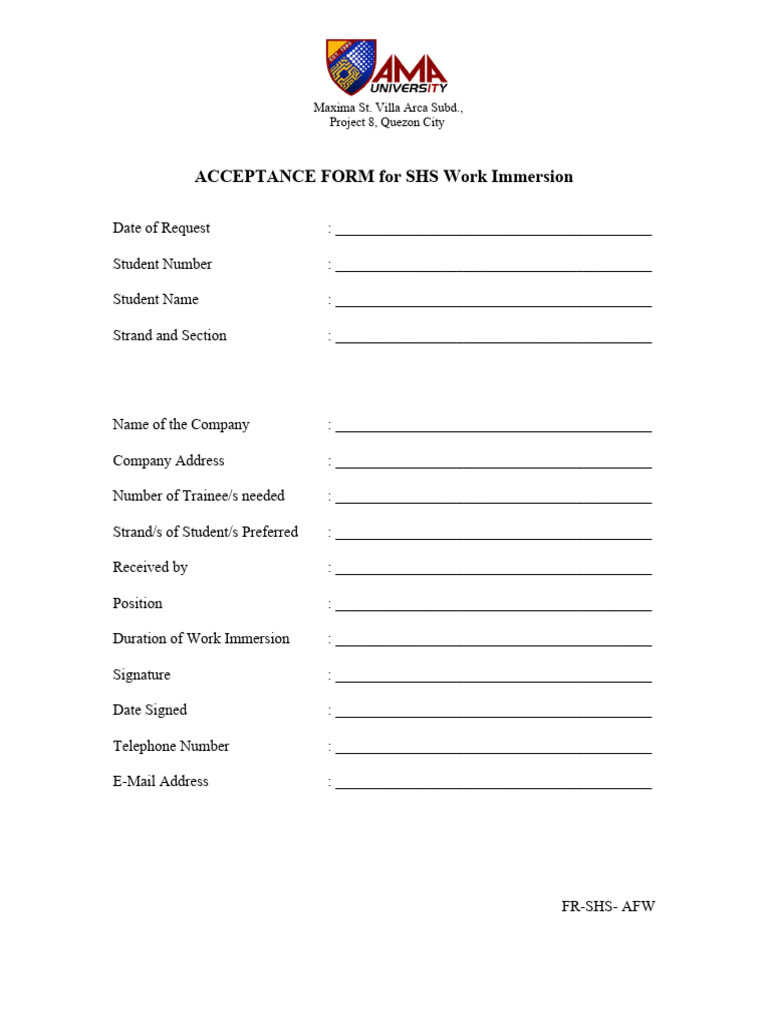 SHS Work Immersion Acceptance Form | PDF