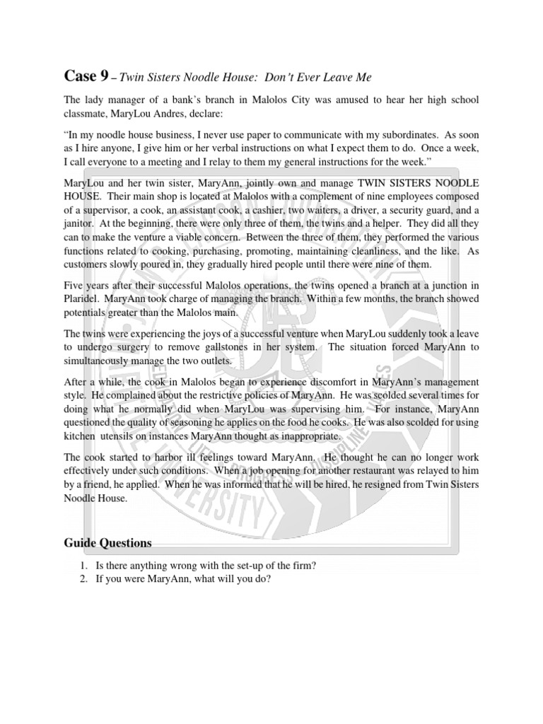 Twin Sisters Noodle House Case Study | PDF | Self-Improvement | Wellness