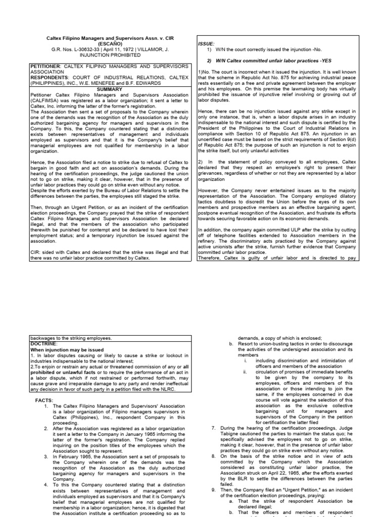 Caltex Managers' Strike Injunction Case | PDF | Strike Action | Injunction