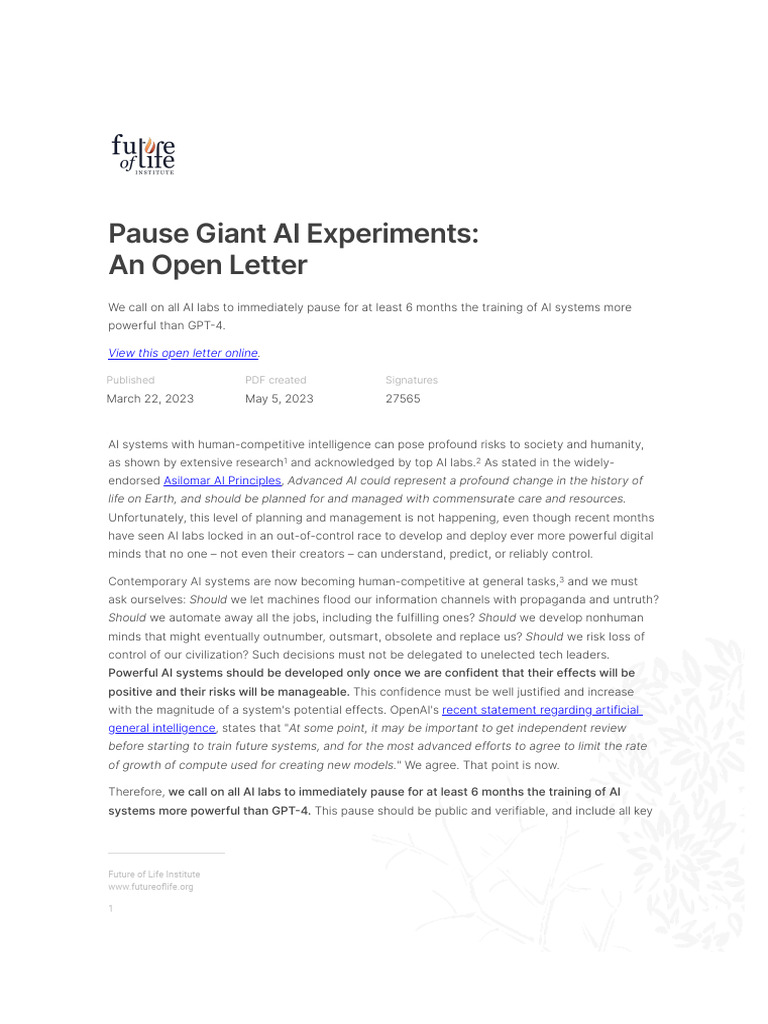 AI Open Letter - Pause Giant AI Experiments | PDF | Artificial ...
