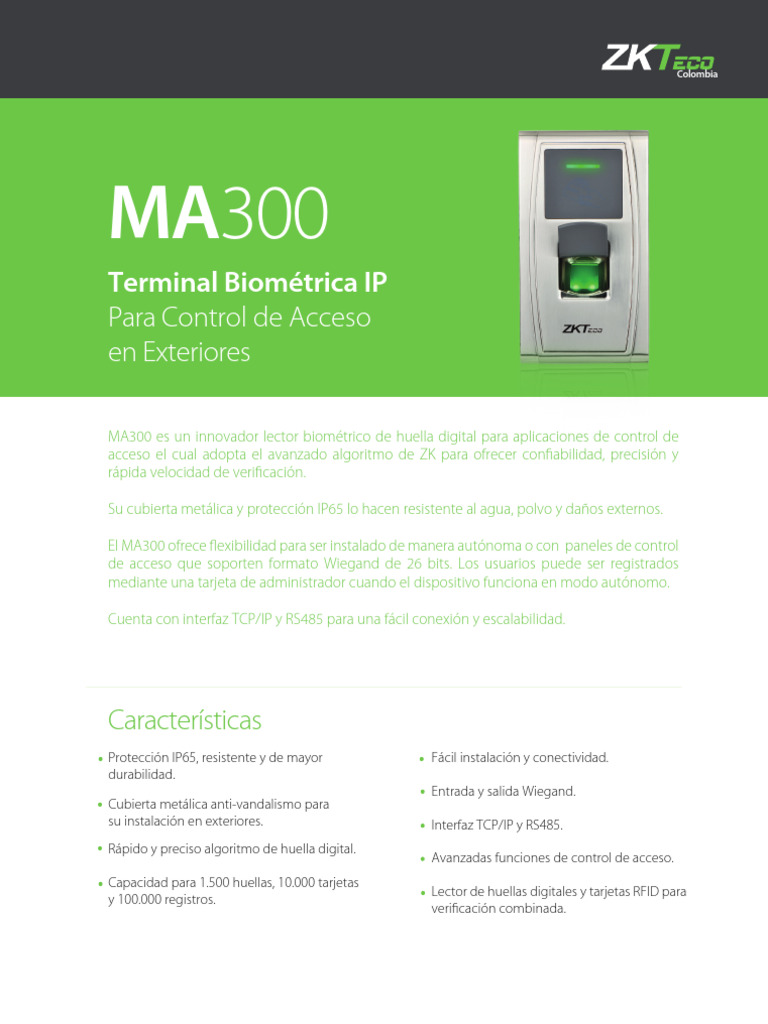 ZKTeco Colombia Control de Acceso Huella MA300 Ficha Tecnica | PDF | USB | Biometría