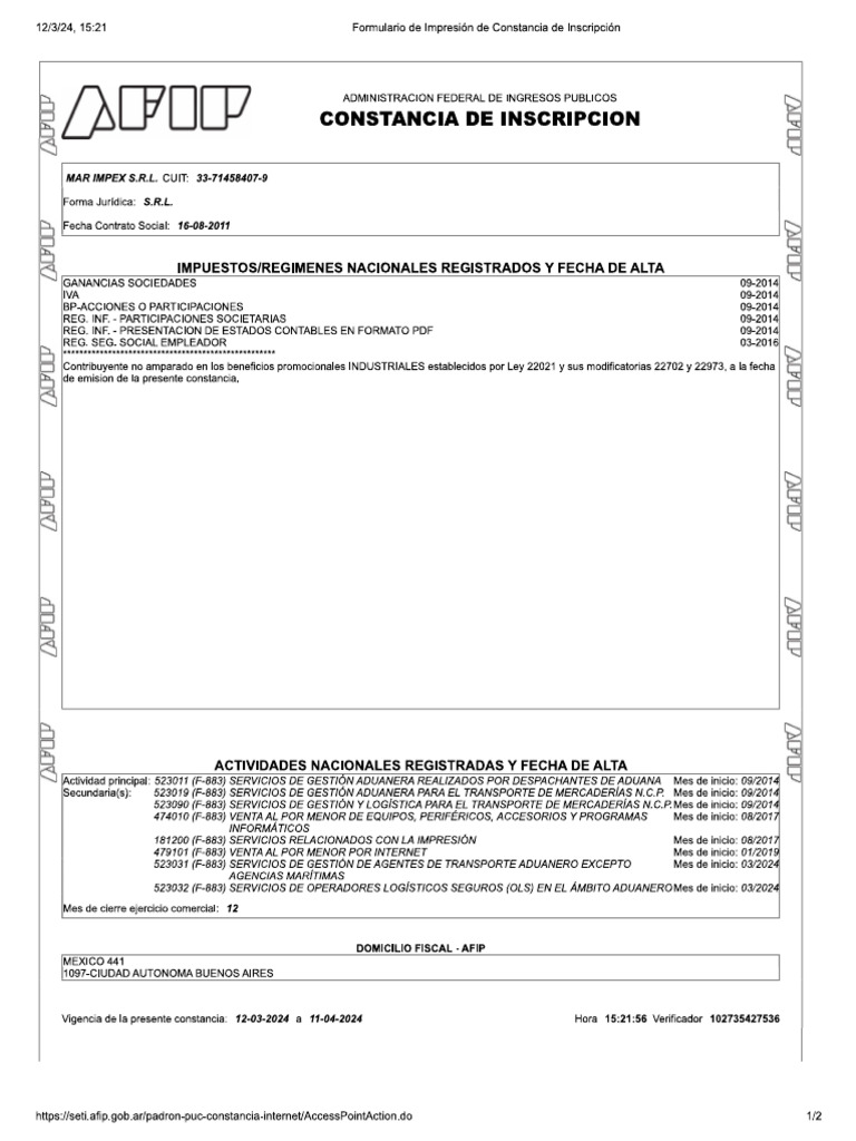 Constancia Afip Actualizada MARIX | PDF