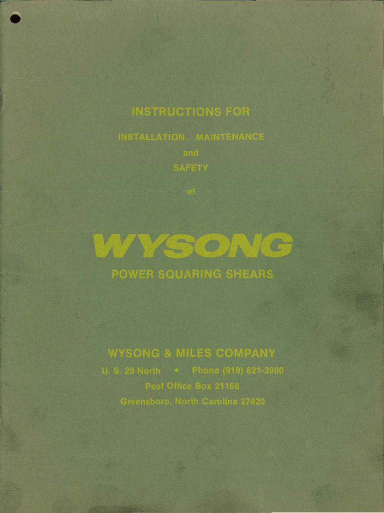 Wysong Power Squaring Shear Installation Maintenacne and Safety-Enh | PDF