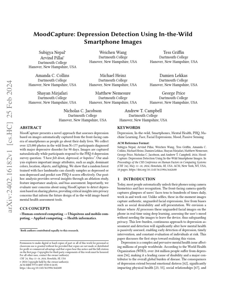 Moodcapture: Depression Detection Using In-The-Wild Smartphone Images ...