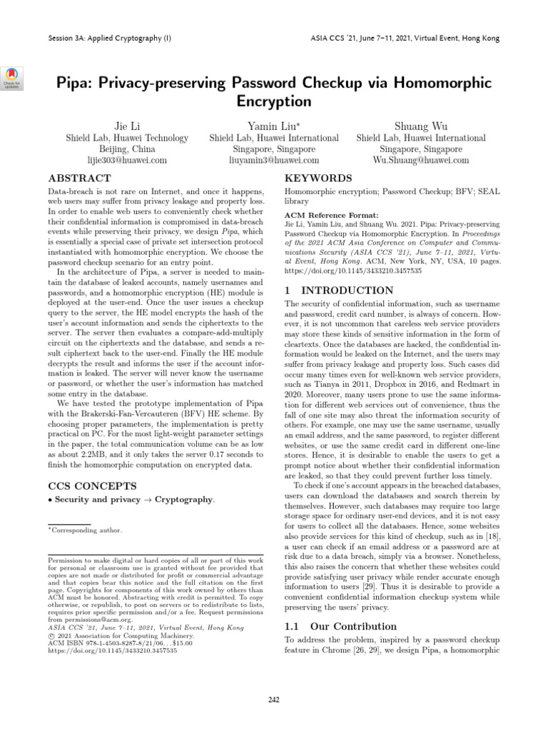 Privacy-Preserving Password Checkup Via Homomorphic Encryption | PDF | Encryption | Cryptography