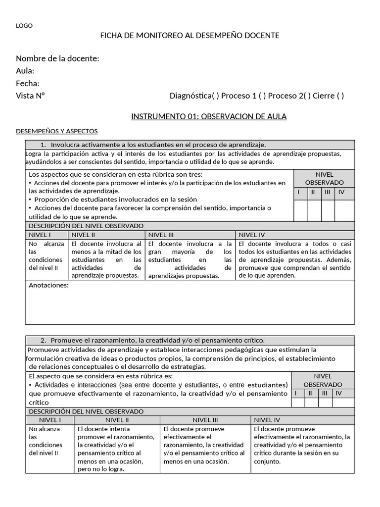 Ficha de Monitoreo Al Desempeño Docente | Descargar gratis PDF | Evaluación | Maestros