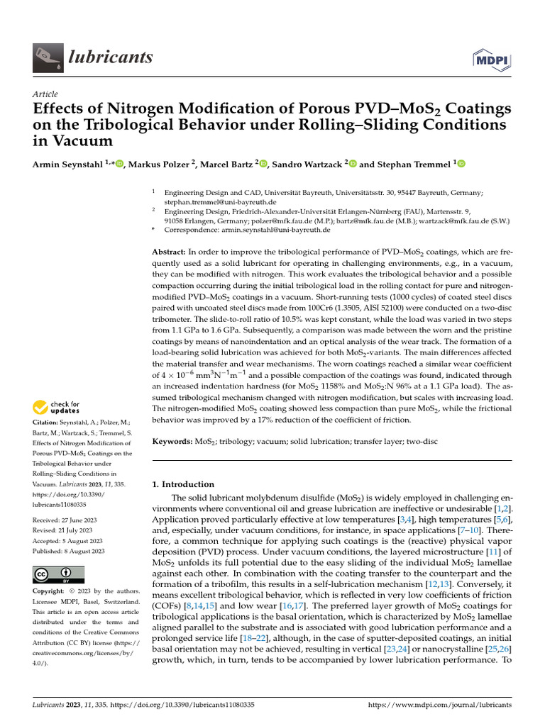 Effects of Nitrogen Modification of Porous PVD-MoS2 Coatings | PDF ...