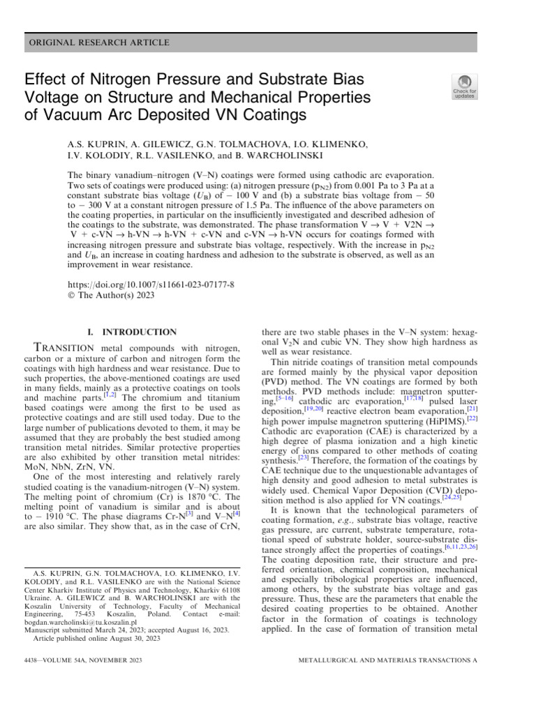 Effect of Nitrogen Pressure and Substrate Bias Voltage On Structure and Mechanical Properties of ...