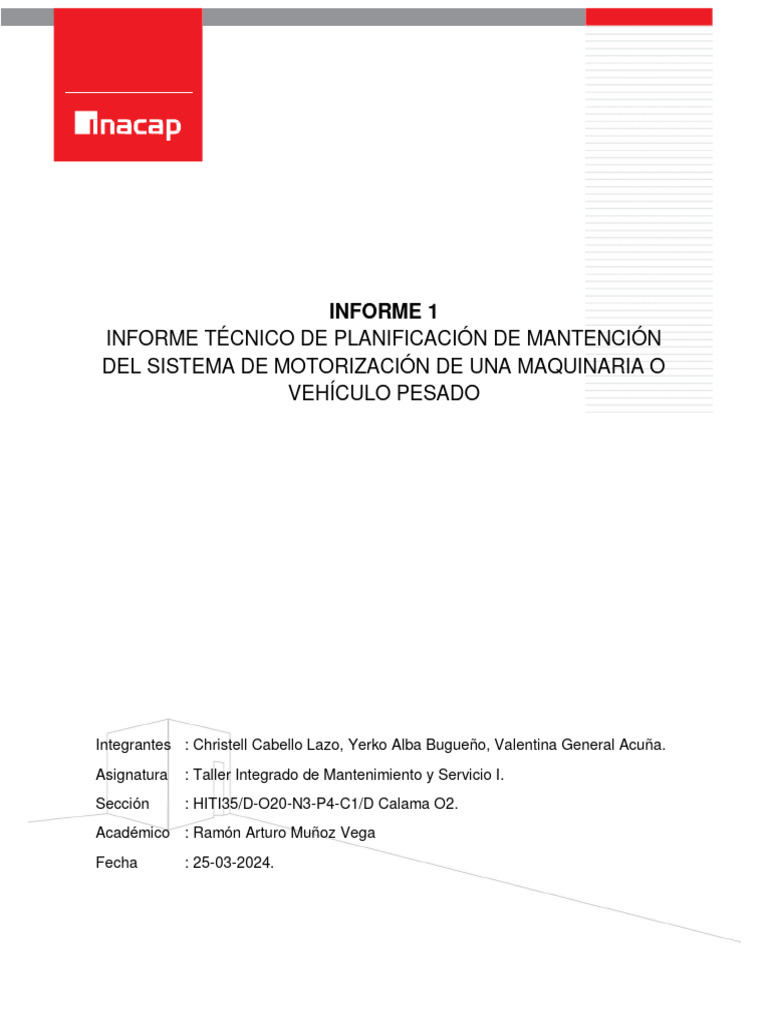 Informe de Taller Integrado de Mantenimineto y Servicios I (Evaluacion 1) | PDF | Turbocompresor ...