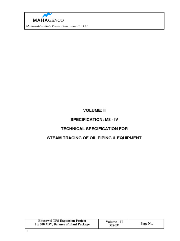 Mahagenco: Specification: M8 - Iv Technical Specification For Steam Tracing of Oil Piping ...