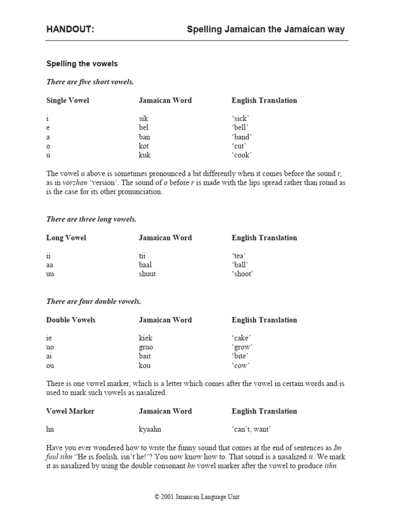 Jamaican Spelling Guide: Vowels & Consonants | PDF | Vowel | English ...