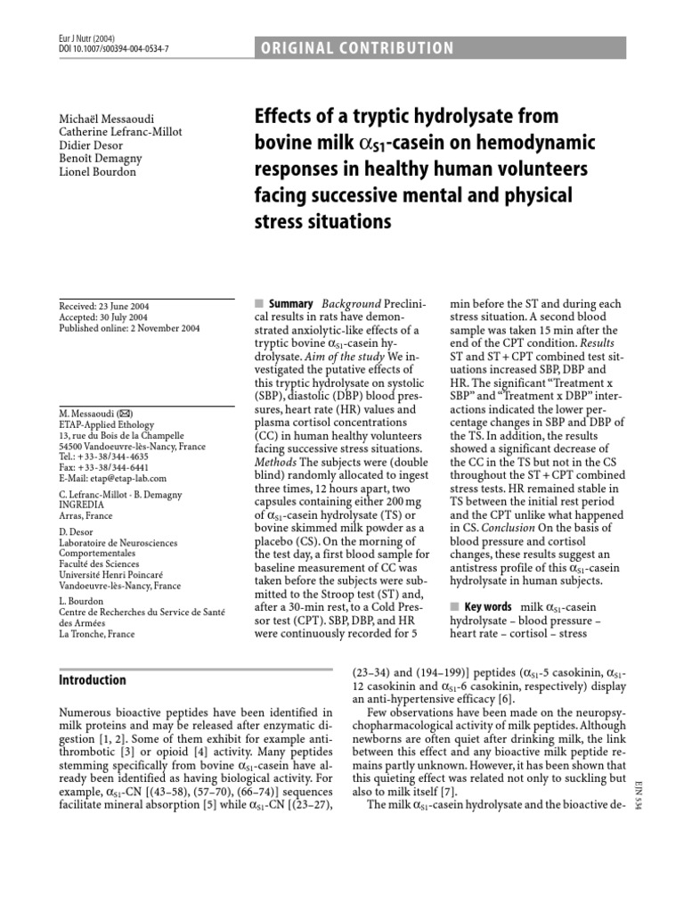 Effects of A Tryptic Hydrolysate From Bovine Milk Alpha S1 ... - Lactium | PDF | Blood Pressure ...