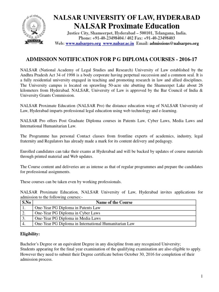 PG Diploma Admissions at NALSAR | PDF