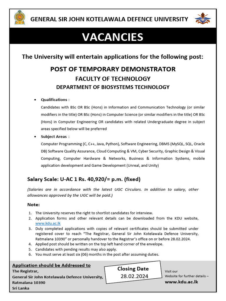Vacancies: Post of Temporary Demonstrator | PDF | My Sql | Computing