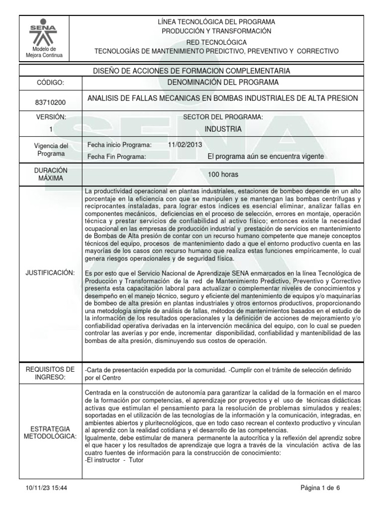 Informe Programa de Formación Complementaria | PDF | Bomba | Ingeniería de confiabilidad