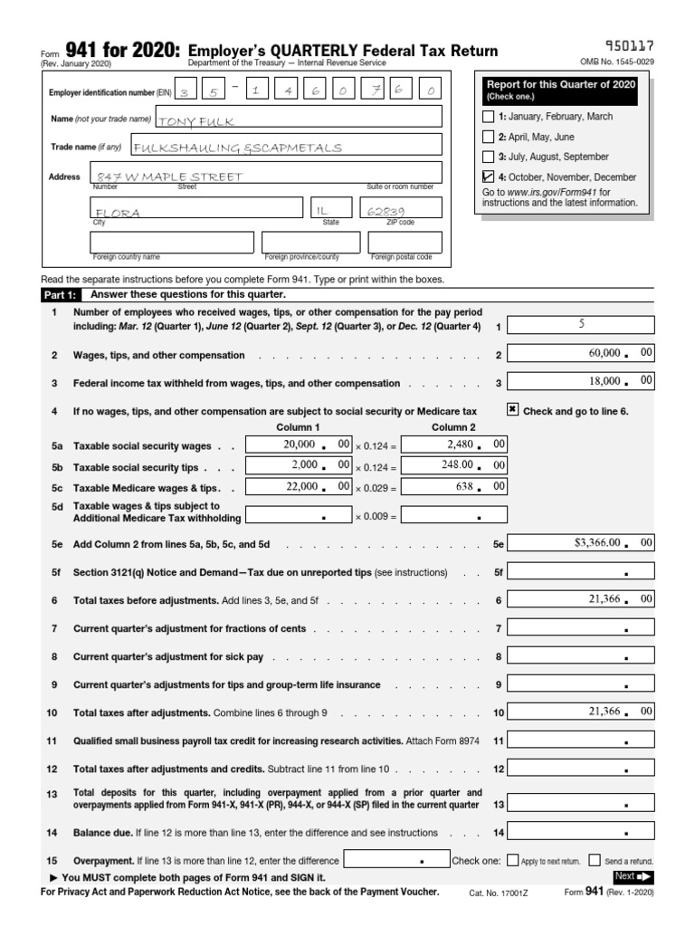 Irs-Form-941 Fulkshauling q4 991 | PDF | Internal Revenue Service | Taxes