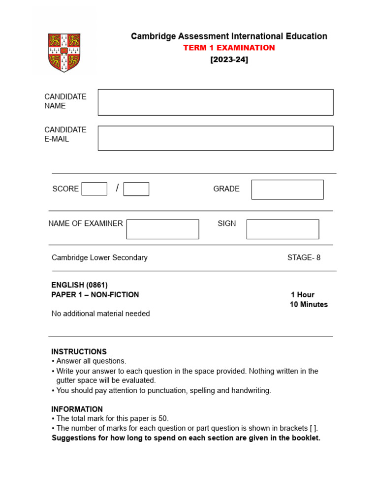 Term 1 Examination - English Paper 1 | PDF | Elephant