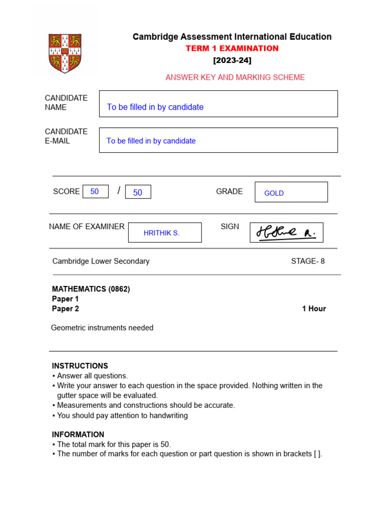T1 Exam - Mathematics Paper1,2 - ANSWER KEY & MARKING SCHEME | Download ...
