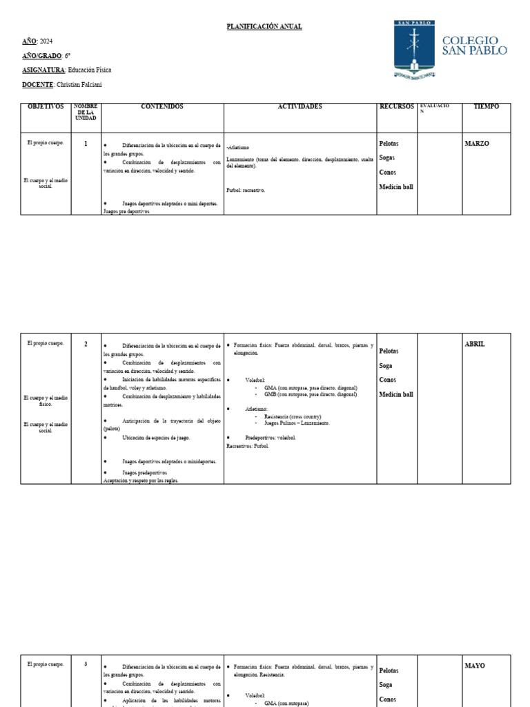 Planificacion 6to Grado Anual 2024 | PDF | Fuerza | Deporte del atletismo