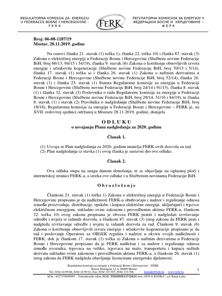 Odluka o Usvajanju Plana Nadglednja Za 2020 Godinu | PDF