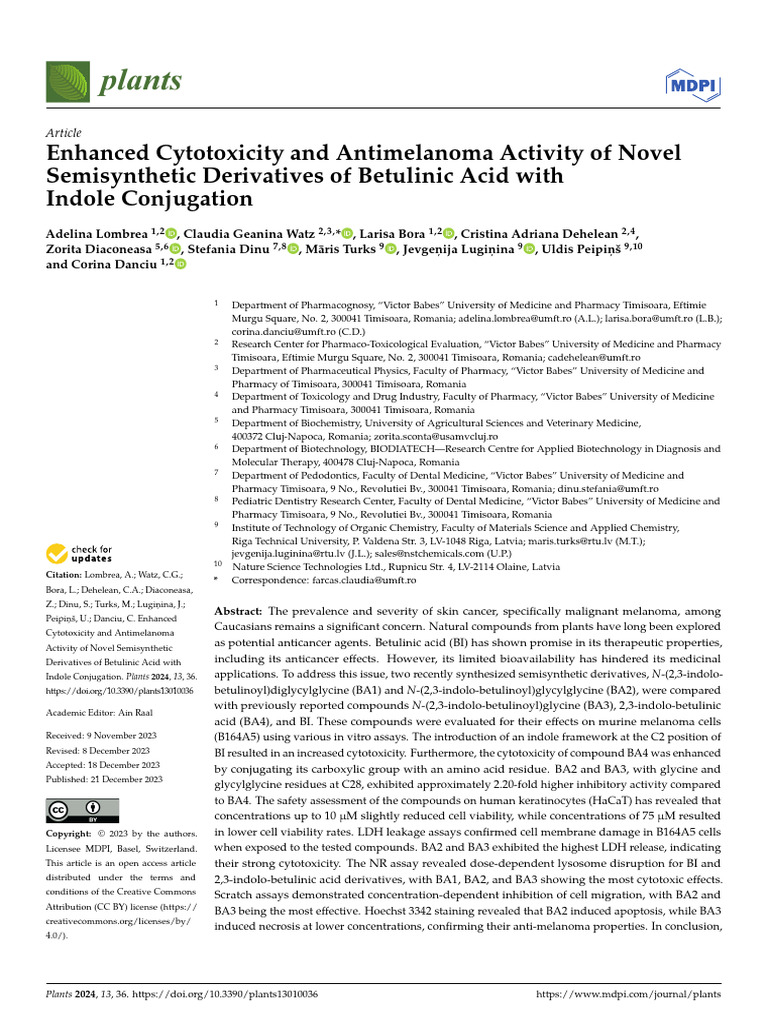Plants 13 00036 v2 | PDF | Cancer | Melanoma